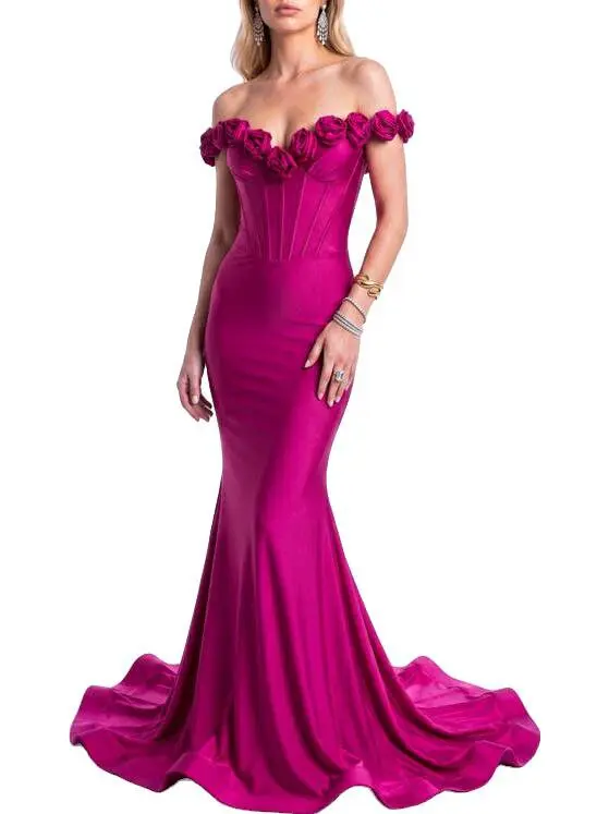 JESSICA ANGEL Rosette Off-shoulder Corset Mermaid Gown - Magenta