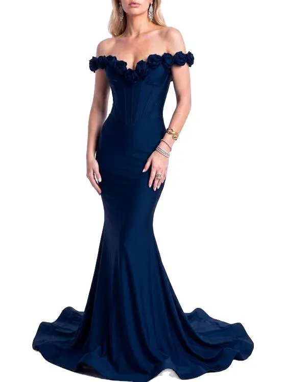 JESSICA ANGEL Rosette Off-shoulder Corset Mermaid Gown - Navy