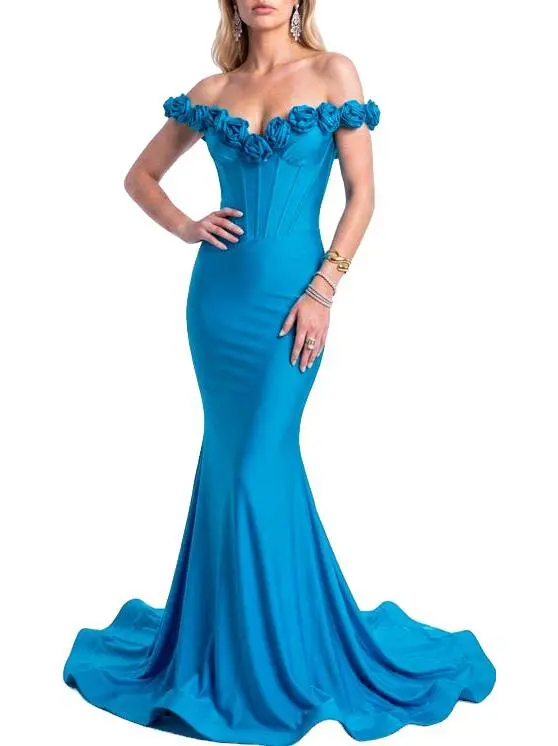 JESSICA ANGEL Rosette Off-shoulder Corset Mermaid Gown - Turquoise