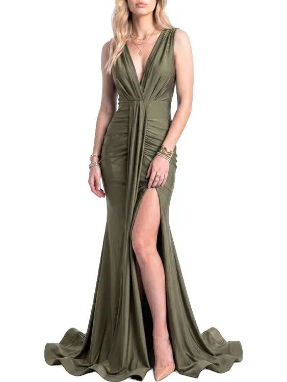 JESSICA ANGEL Plunging V-neck Draped Mermaid Gown - Burnt Olive