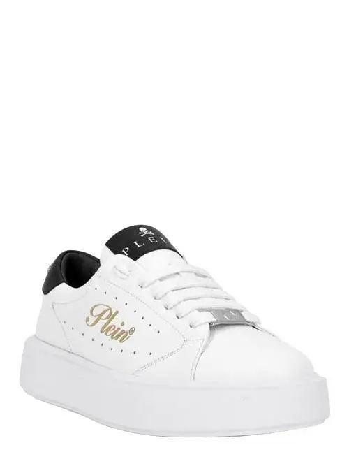 Philipp Plein Signature Low-top Leather Sneakers With Gold Tone Logo - White/black