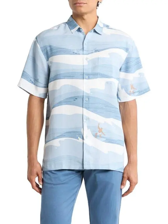 KAHALA Surf Jacquard Short Sleeve Button-up Shirt - Chambray