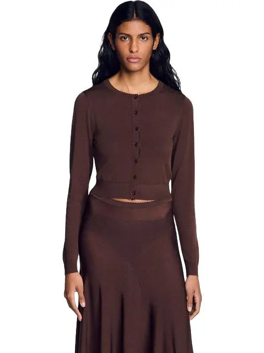 Sandro Sheer Knit Cropped Cardigan - Brown