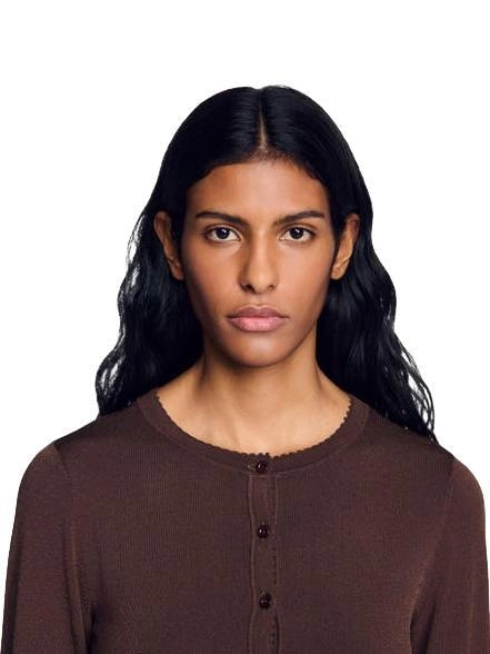 Sandro Sheer Knit Cropped Cardigan - Brown