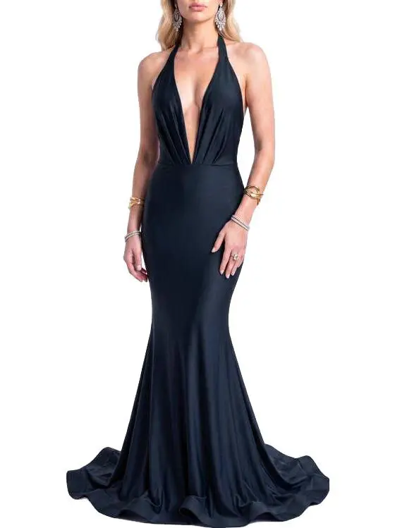 JESSICA ANGEL Plunging Halter Open-back Mermaid Gown With Train - Black