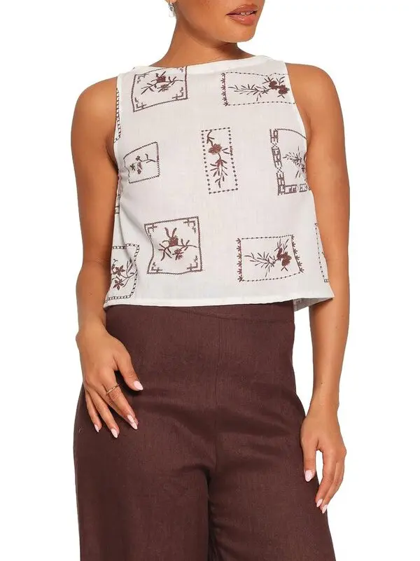 PETAL & PUP Sleeveless Printed Crop Top With Embroidered Patches - White