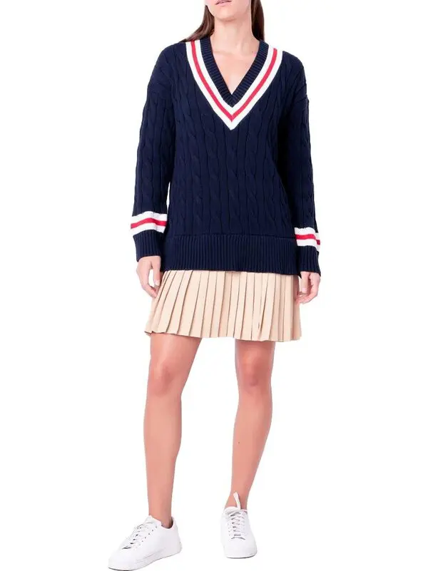 English Factory Cable Knit V-neck Sweater Dress With Pleated Skirt - Navy Multi