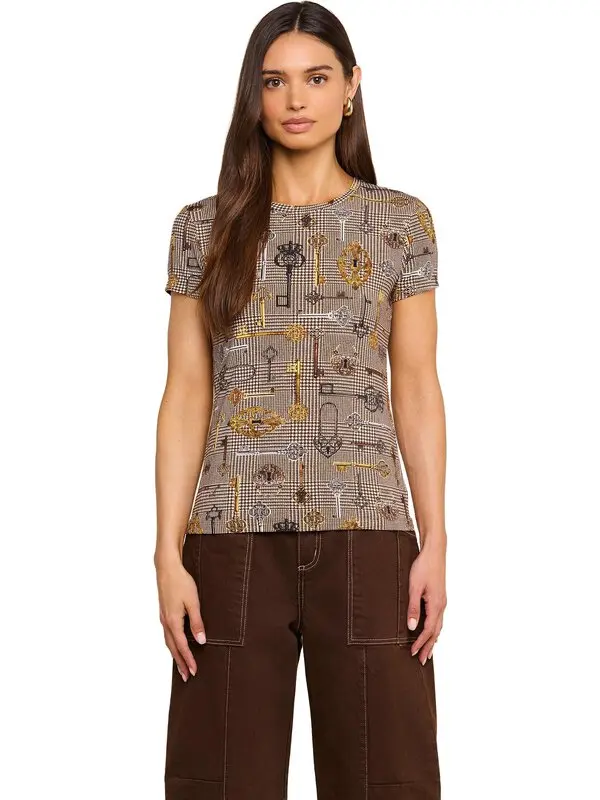 L'Agence Ressi Fitted T-shirt In Houndstooth Key Print - Brown Multi Houndstooth Key