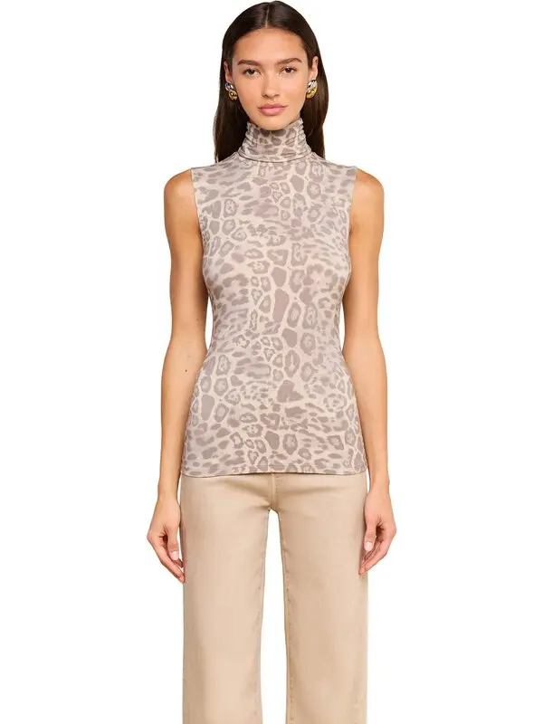 L'Agence Sleeveless Turtleneck In Grey Leopard Print - Grey Multi Patch Leopard