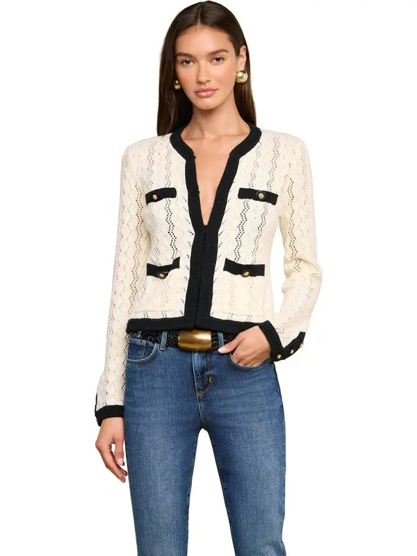 L'Agence Zephyra Pointelle Knit Cardigan - Ivory/black