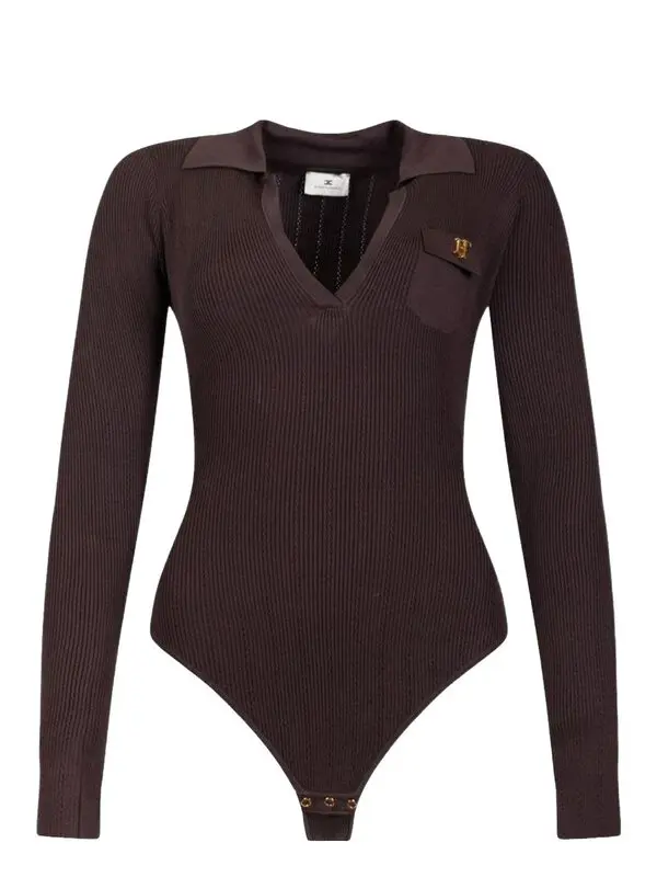 Elisabetta Franchi Ribbed Knit Bodysuit With Embroidered Lace Detail - Brown