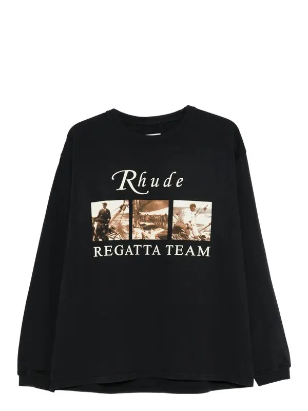 Rhude Ribbed Collar Long Sleeve Tee With Printed Front And Back Panel - Nero