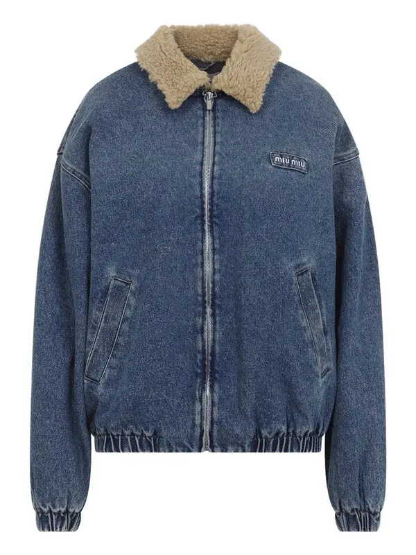 Miu Miu Cotton Bomber Blouson Jacket With Shearling Collar - Blue