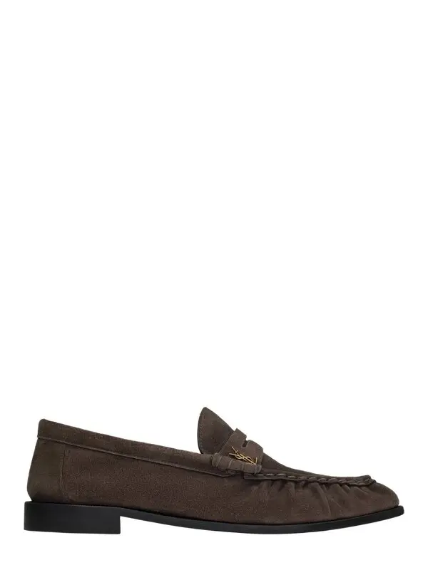 Saint Laurent Leather Flat Shoes With Cassandre Detail - Marrone