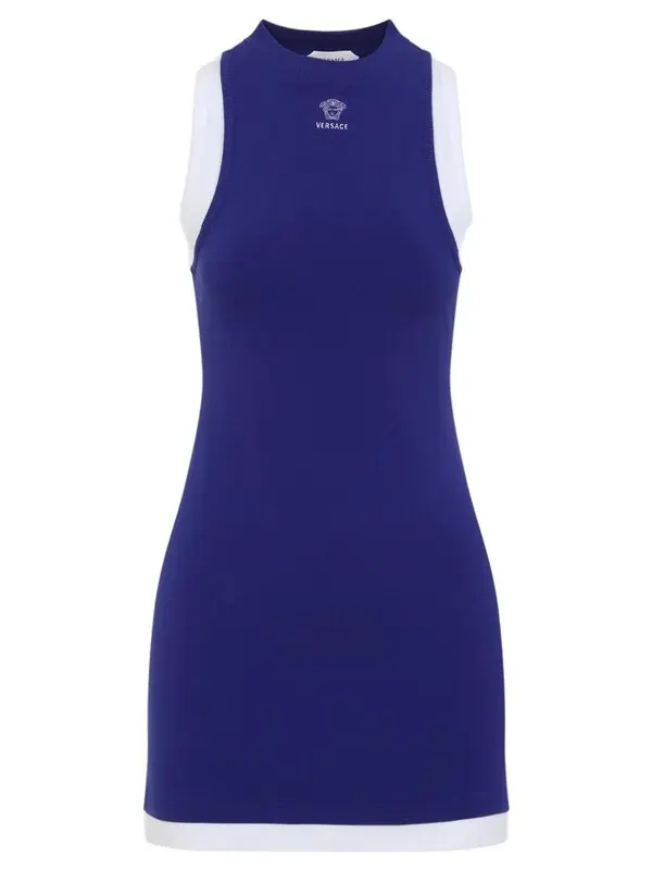 Versace Ribbed Stretch Cotton Mini Dress - Blue