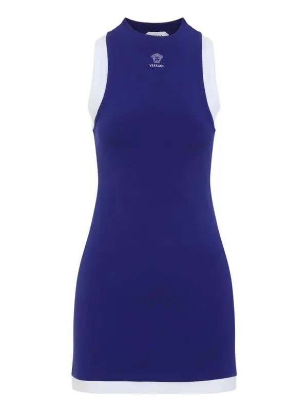 Versace Ribbed Stretch Cotton Mini Dress - Blue