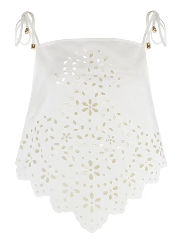 SELF-PORTRAIT Embroidered Cotton Mini Top With Tie Shoulder Straps - White