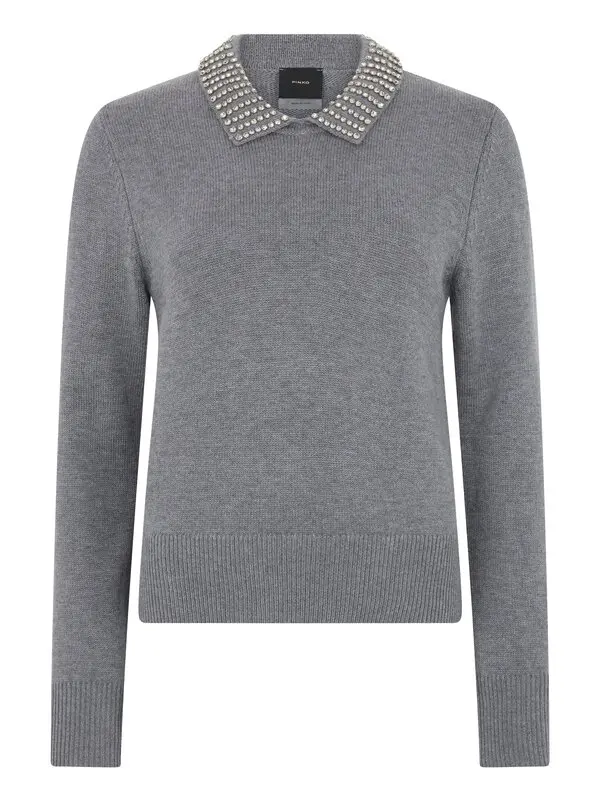 Pinko Polo-collar Wool-blend Sweater With Embellished Trim - Grey
