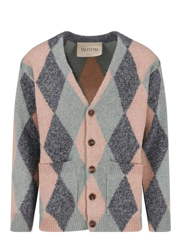 Valentino Garavani Argyle Patterned Cardigan With V-neck - Multicolor