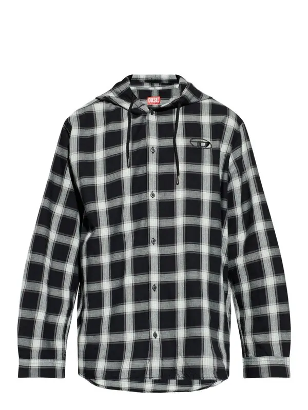 DIESEL® Drawstring Hood Button-front Shirt Jacket With Logo Detail - Nero