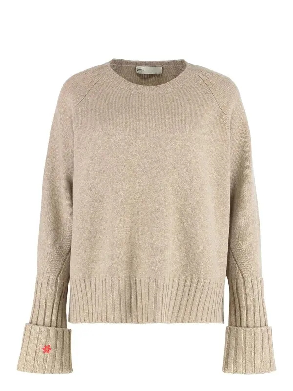 Tory Burch Merino Wool Round Neck Long Sleeve Sweater - Beige