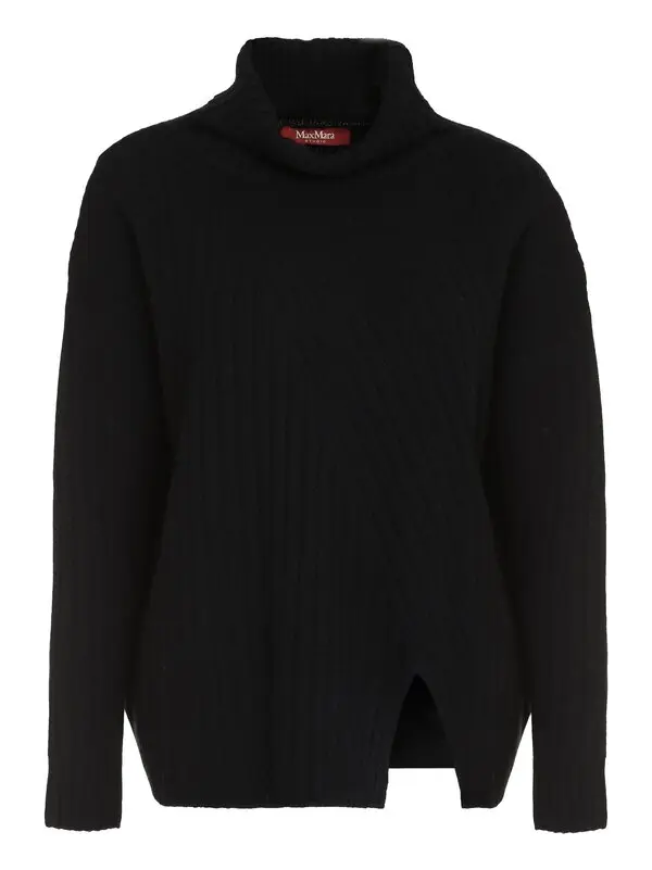 Max Mara Ribbed Wool & Cashmere Turtleneck Sweater With Slit Detail - Black