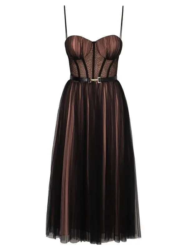 Elisabetta Franchi Bustier Tulle Midi Dress With Heart Neckline And Pleated Skirt - Black