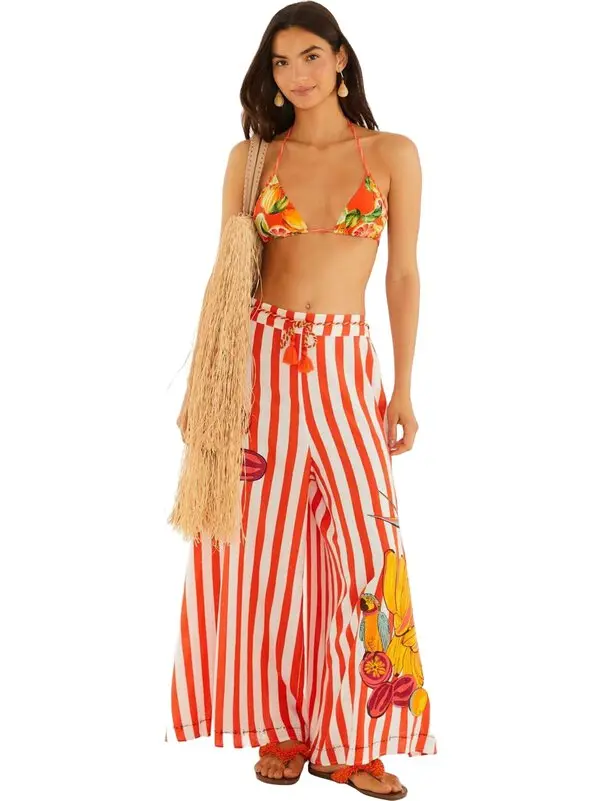 Farm Rio Striped Linen-viscose Drawstring Trousers With Embroidered Hem And Side Slits - Rosso