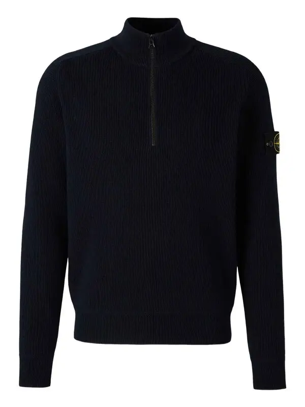 Stone Island Compass Patch Quarter Zip Knit Sweater - Navyblue