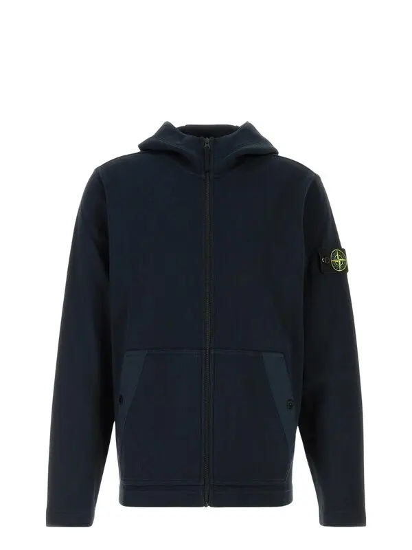 Stone Island Logo Patch Zip-up Hoodie - Navyblue