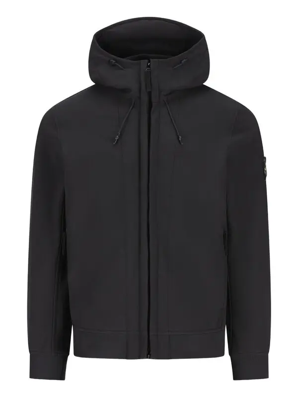 Stone Island Logo Patch Hooded Zip-up Jacket - Black