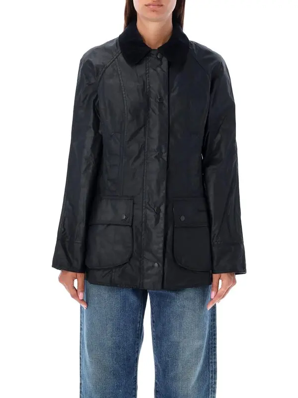 Barbour Beadnell Waxed Jacket With Corduroy Collar And Tartan Lining - Nero