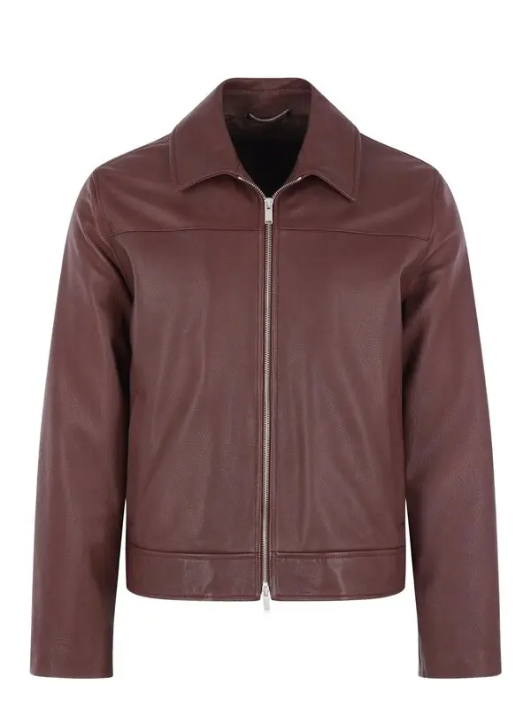 LARDINI Calfskin Leather Zip-front Jacket With Classic Collar - Rosso