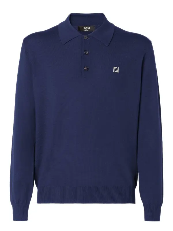 Fendi S Long-sleeved Wool Polo Shirt With Micro Ff Emblem - Blu