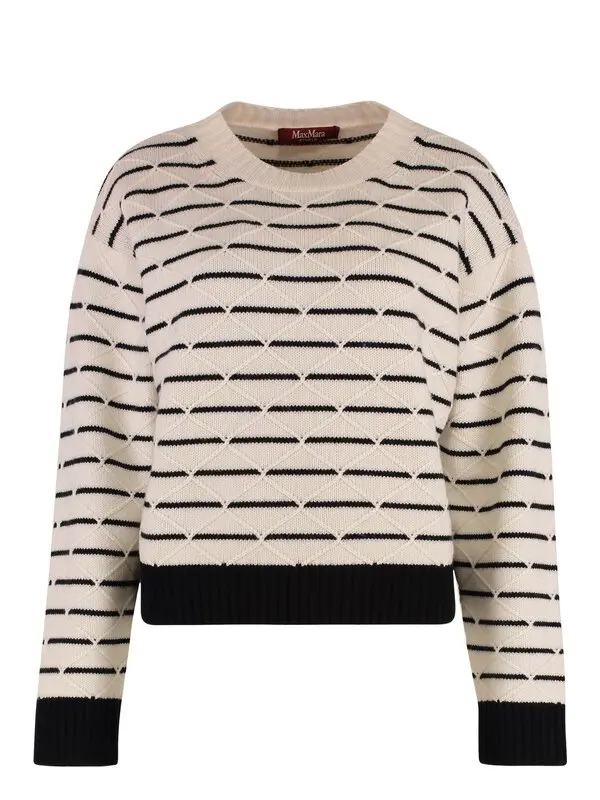 Max Mara Striped & Diamond Motif Wool Cashmere Sweater - White