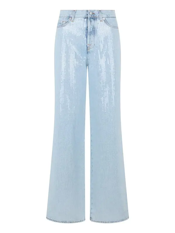 7 For All Mankind High-rise Sequin-decorated Wide-leg Jeans - Light Blue