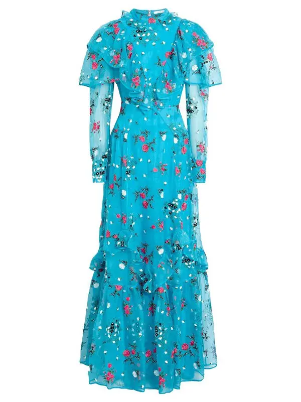 Erdem Tiered Embroidered Organza Gown - Turquoise