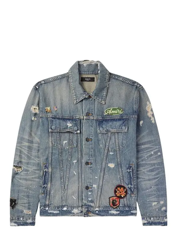 Amiri Distressed Embellished Denim Trucker Jacket - Light Blue