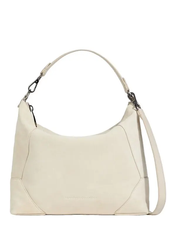 Brunello Cucinelli Suede Shoulder Bag With Bead Embellishments - Cream