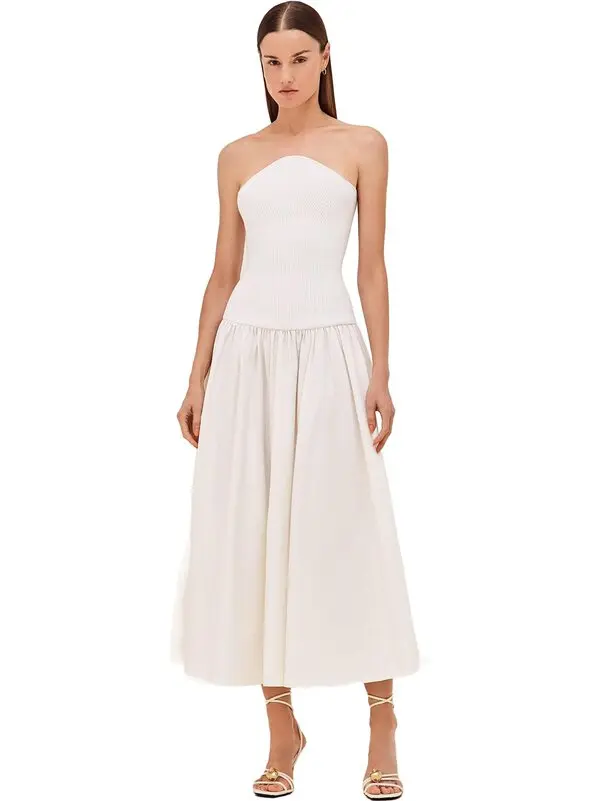 Alexis Kamali Strapless Ribbed Bodice A-line Dress - White