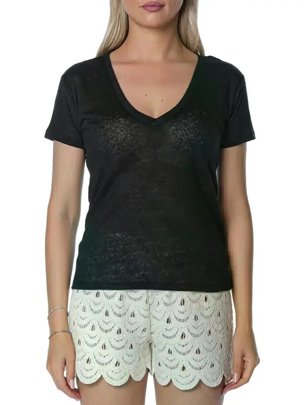 MC2 SAINT BARTH Linen V-neck T-shirt With Embroidered Logo - Black