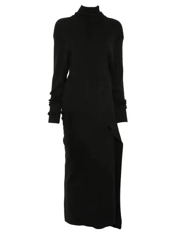 LANVIN Ribbed Knit Asymmetrical Turtleneck Dress - Black