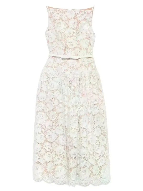 SELF-PORTRAIT Lace Overlay Belted Midi Dress - White