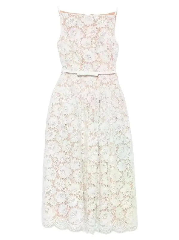 SELF-PORTRAIT Lace Overlay Belted Midi Dress - White