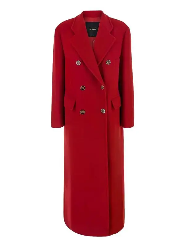 Pinko Long Double-breasted Coat In Wool Blend - Red