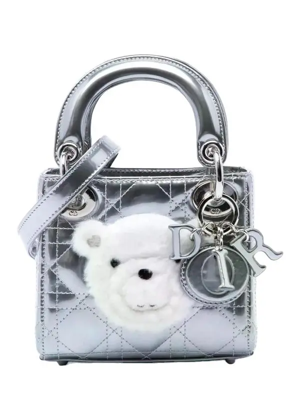 Dior Micro Metallic Patent Cannage Bear Lady Satchel - Silver
