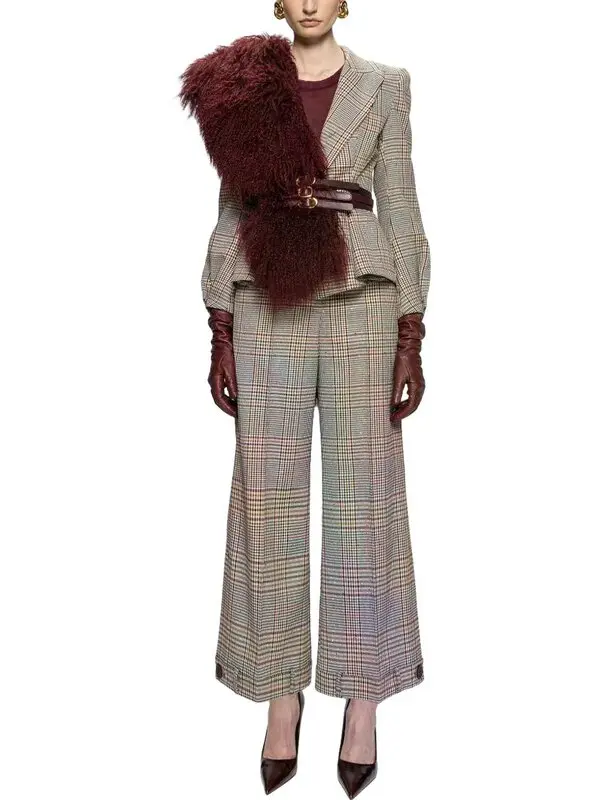 NISSA Checked Wide-leg Trousers With Sequins - Neutrals