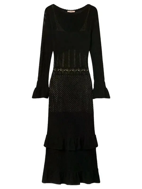 TWINSET Long Ruffled Wool Blend Knit Dress - Black