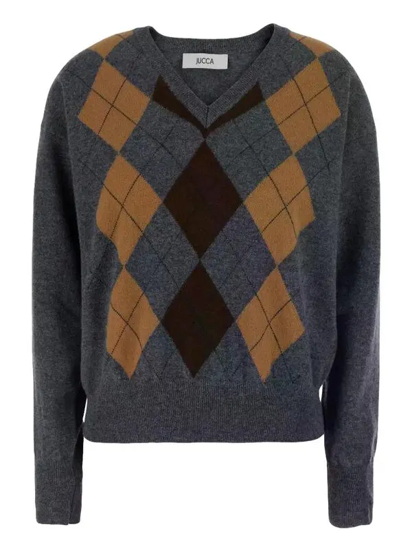 JUCCA Argyle Intarsia V-neck Sweater - Grey