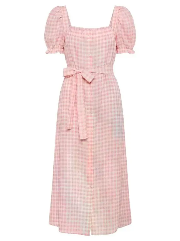 Sleeper Brigitte Gingham Linen Maxi Dress - Pink
